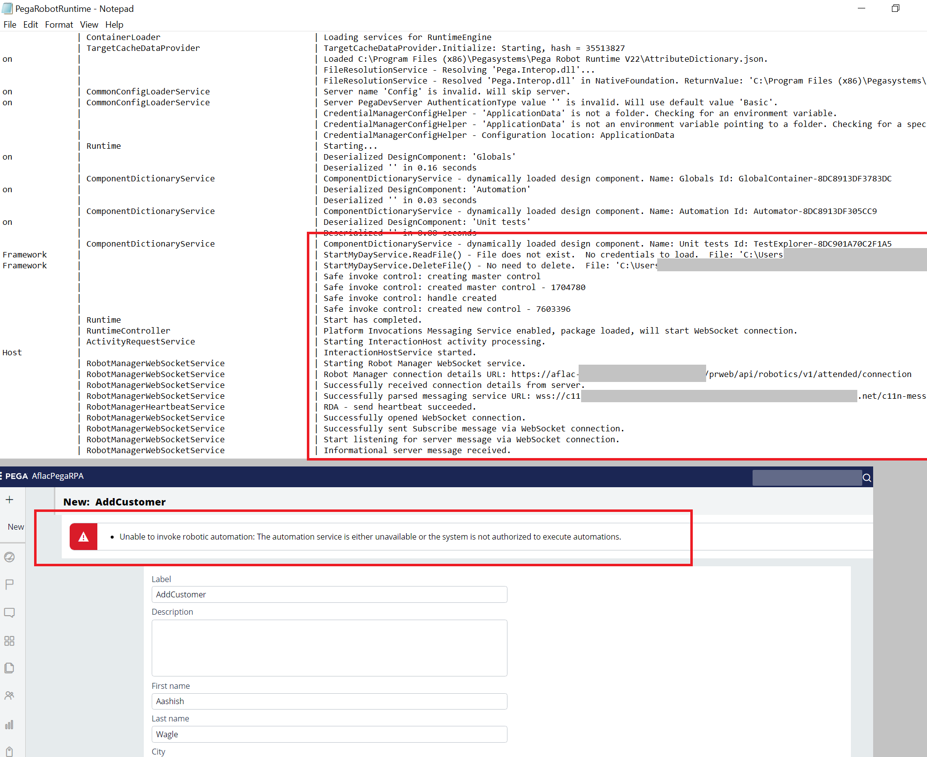 Unable to Invoke Robotic Automation. | Support Center